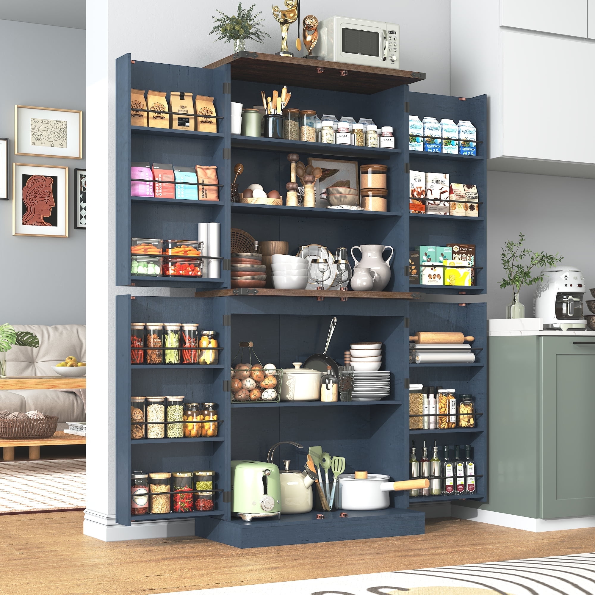 71" Tall Farmhouse Kitchen Pantry with 12 Side Shelves & Adjustable ...
