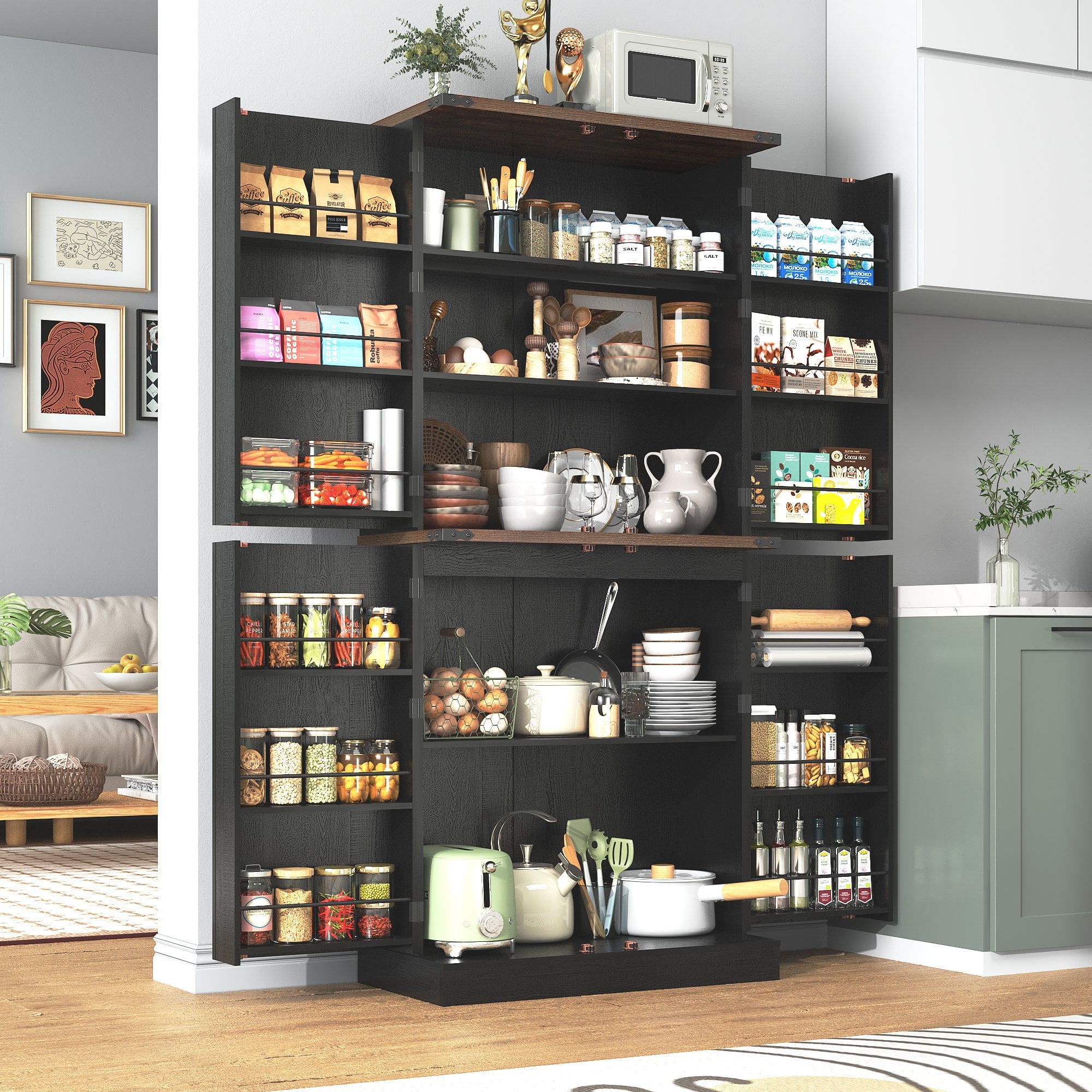 71" Tall Farmhouse Kitchen Pantry with 12 Side Shelves & Adjustable ...
