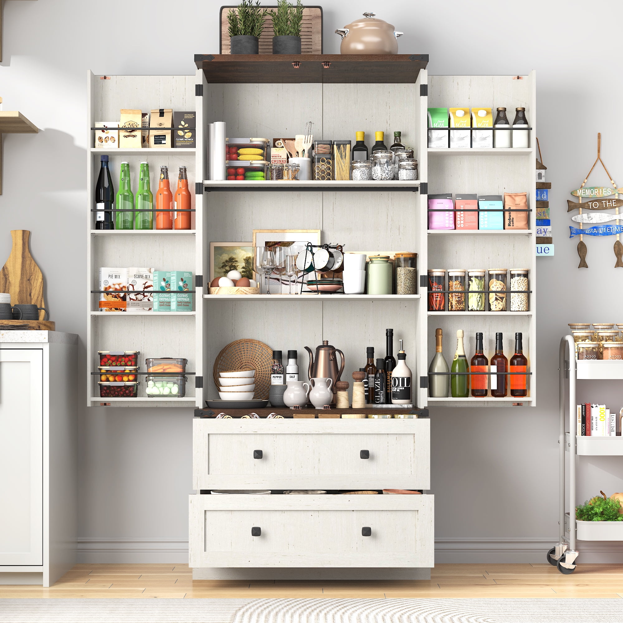 71''Tall Farmhouse Kitchen Pantry Cabinet, 3 Layers Storage Cabinet, 2 ...