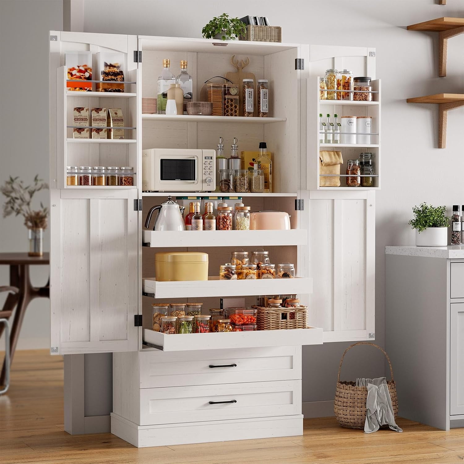 71" Tall Farmhouse Kitchen Pantry Cabinet with 3 Pull Out Shelves & 2 ...