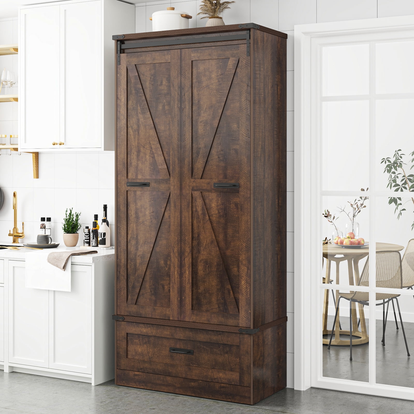 71''Tall Farmhouse Kitchen Pantry Cabinet, 4 Layers Storage Cabinet ...