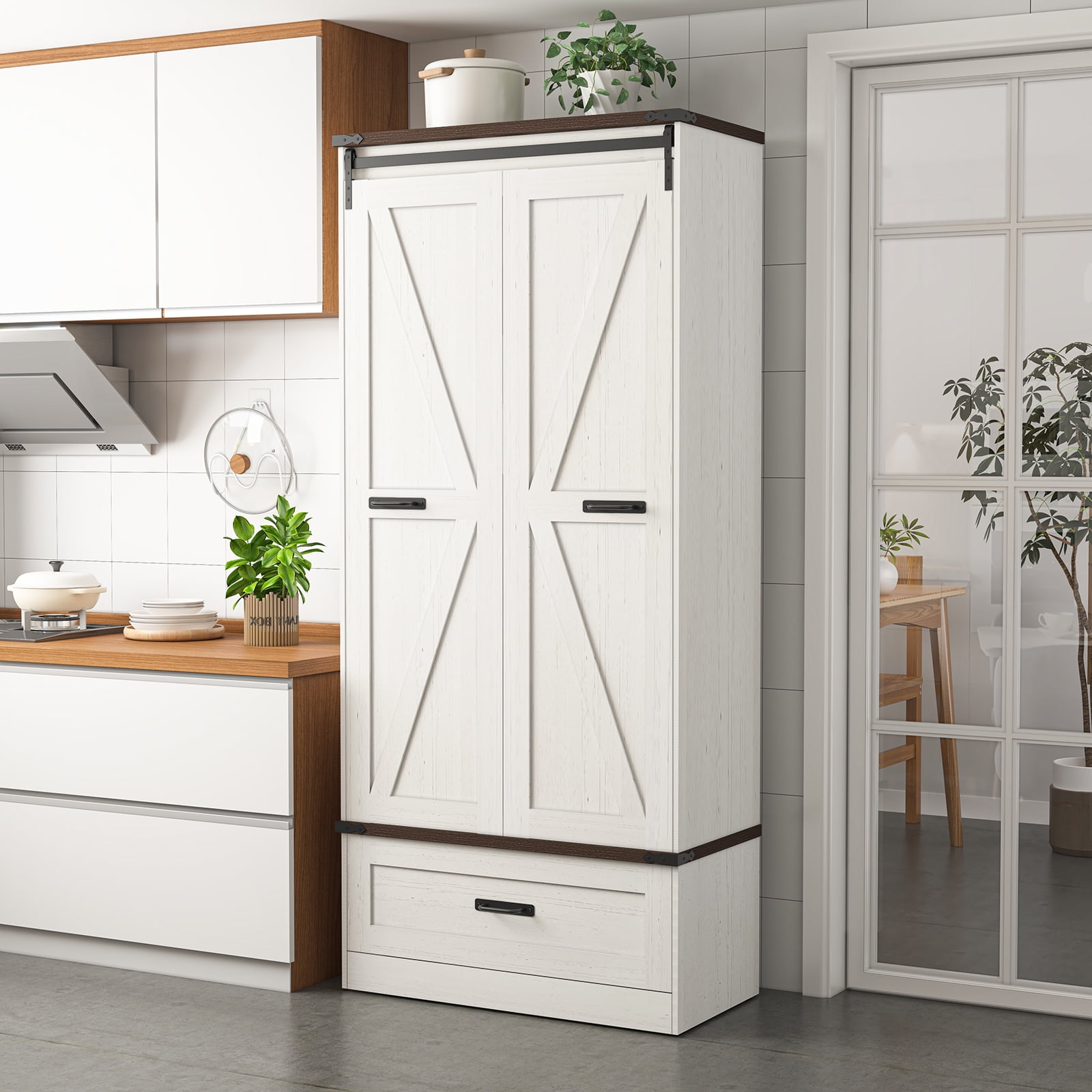 71''Tall Farmhouse Kitchen Pantry Cabinet, 4 Layers Storage Cabinet ...