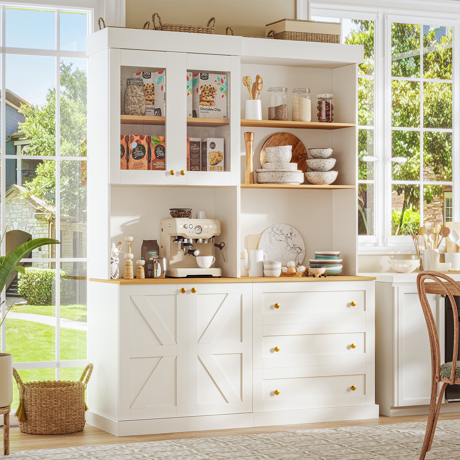 71" Tall Farmhouse Pantry Cabinet,Freestanding Coffee Bar Hutch With ...