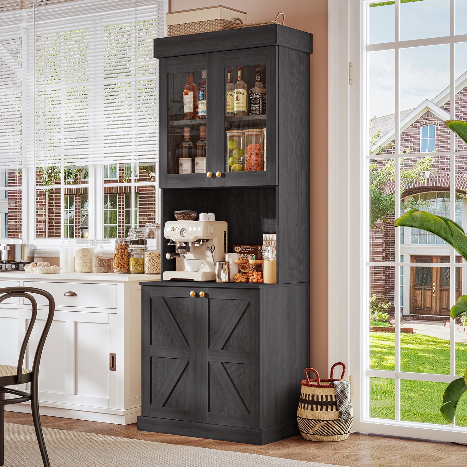 71" Tall Farmhouse Pantry Cabinet,Freestanding Coffee Bar Hutch With ...