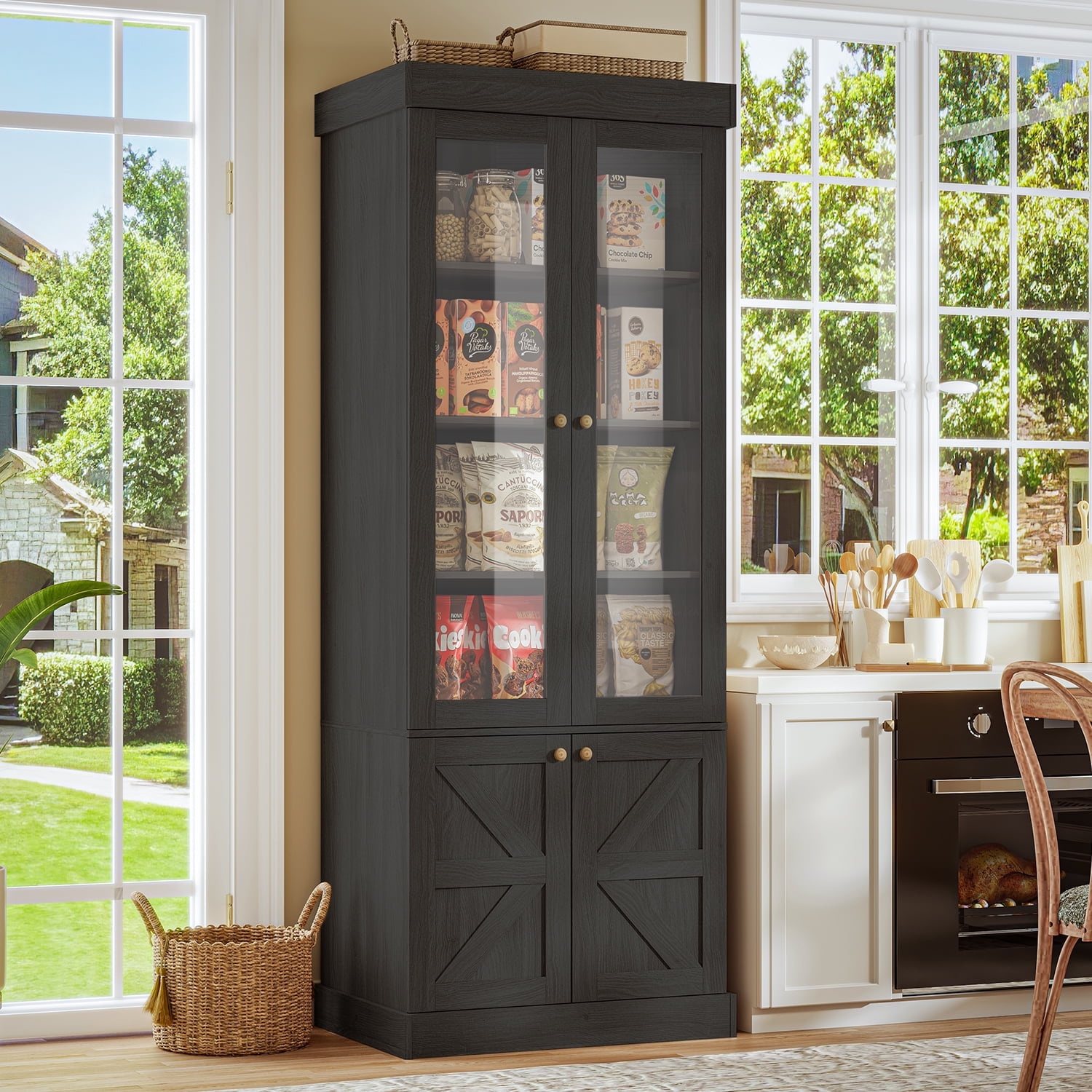 71" Tall Farmhouse Pantry Cabinet,Large Storage Cabinet with 2 Glass ...