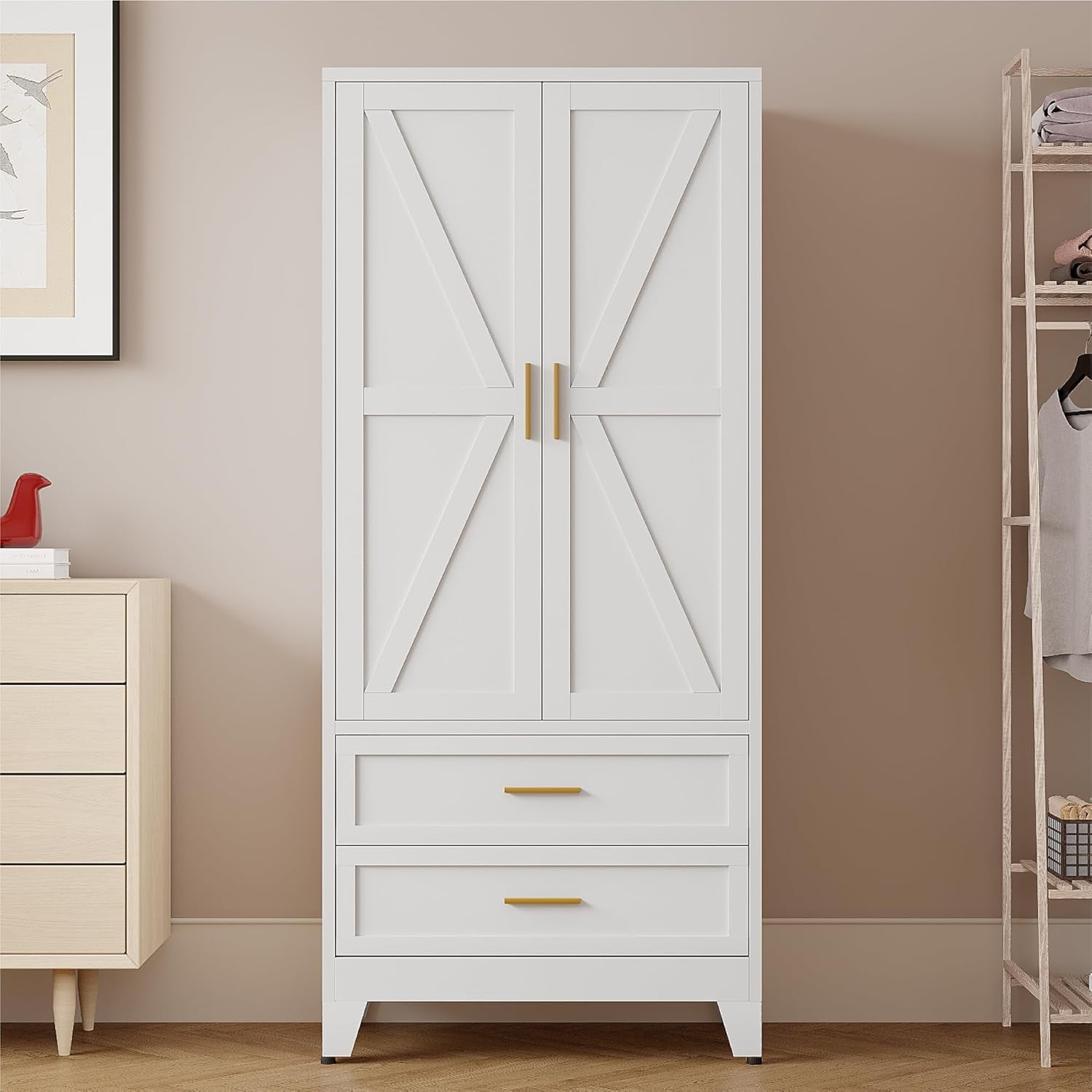 71" Tall Farmhouse Style Metal Armoire Wardrobe Closet with 2 Barn ...