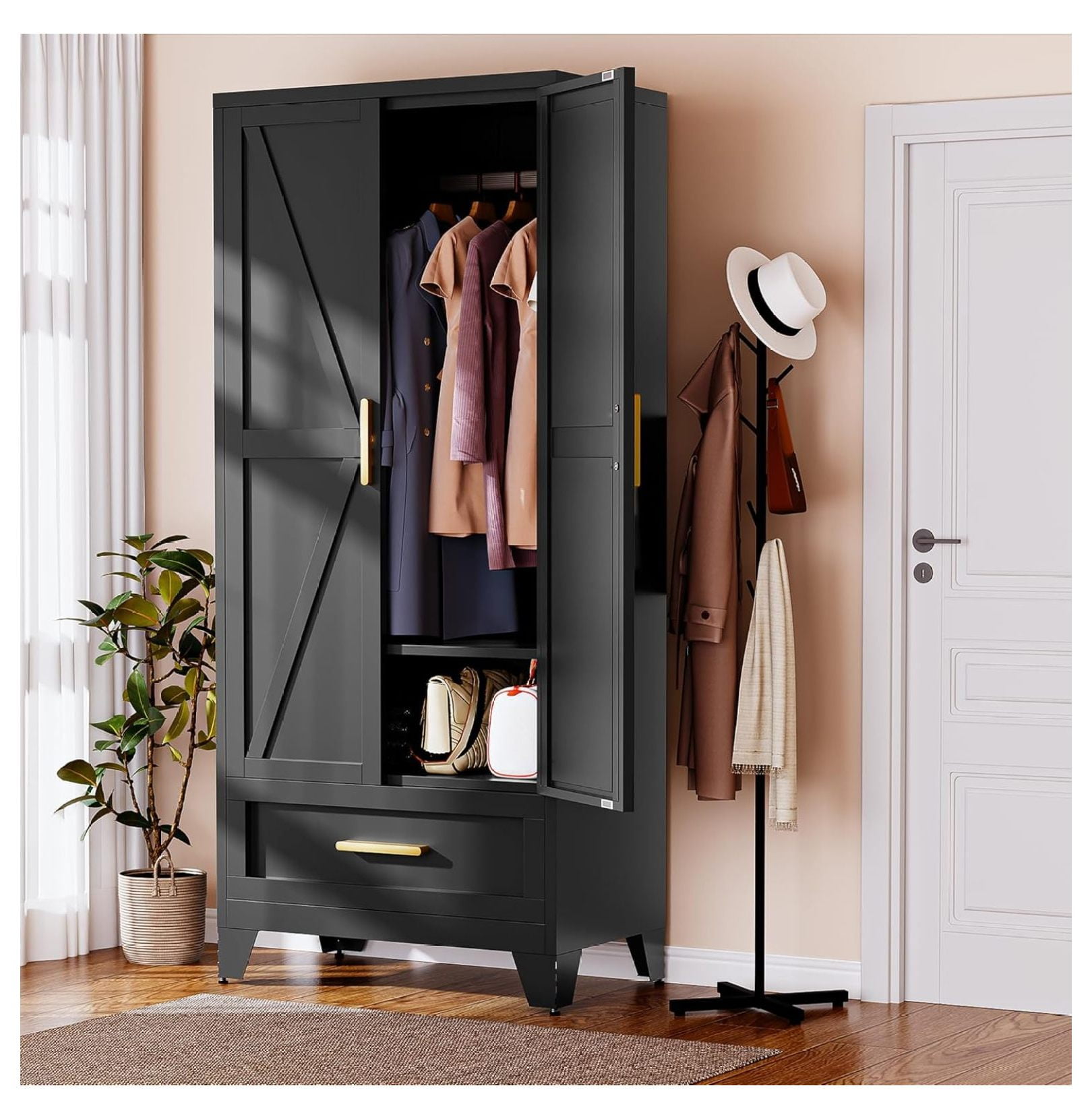 71" Tall Farmhouse Style Metal Armoire Wardrobe Closet with Drawers ...