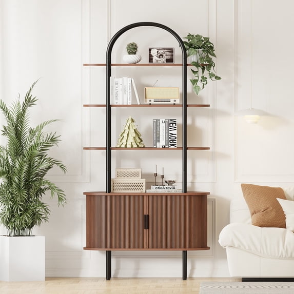 71" Tall Fluted Arched Bookshelf with Sliding Doors, Mid Century Modern ...