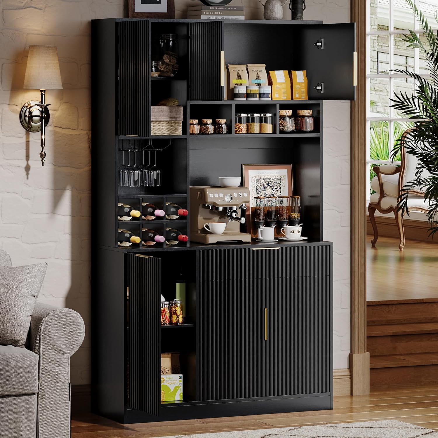 71" Tall Freestanding Kitchen Pantry Cabinet with Microwave Stand ...