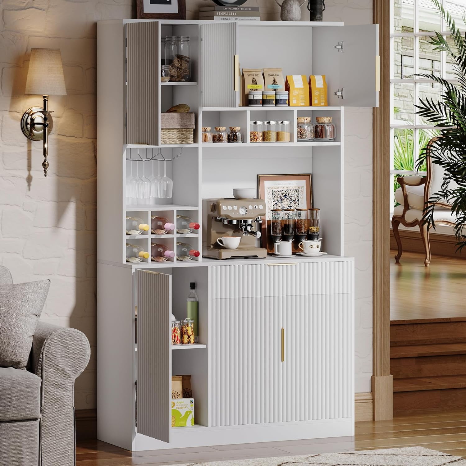 71” Tall Freestanding Kitchen Pantry Cabinet with Microwave Stand ...