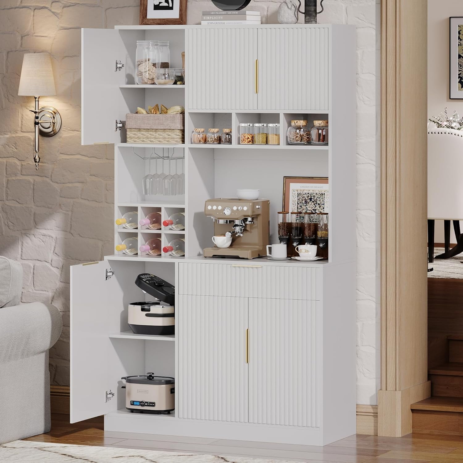 71" Tall Freestanding Kitchen Pantry Cabinet with Microwave Stand ...