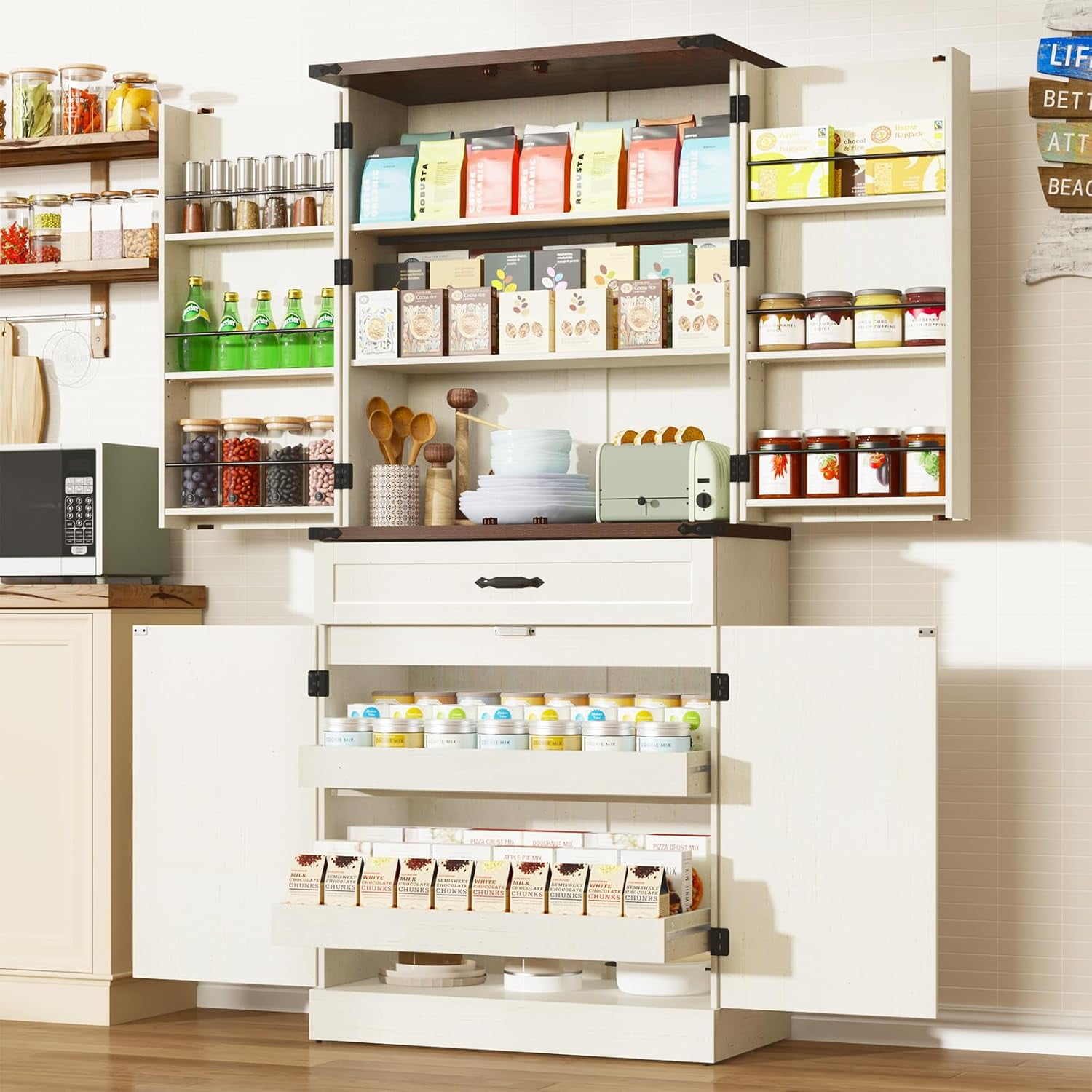 71" Tall Kitchen Pantry Cabinet with 3 Drawers, Farmhouse Storage ...