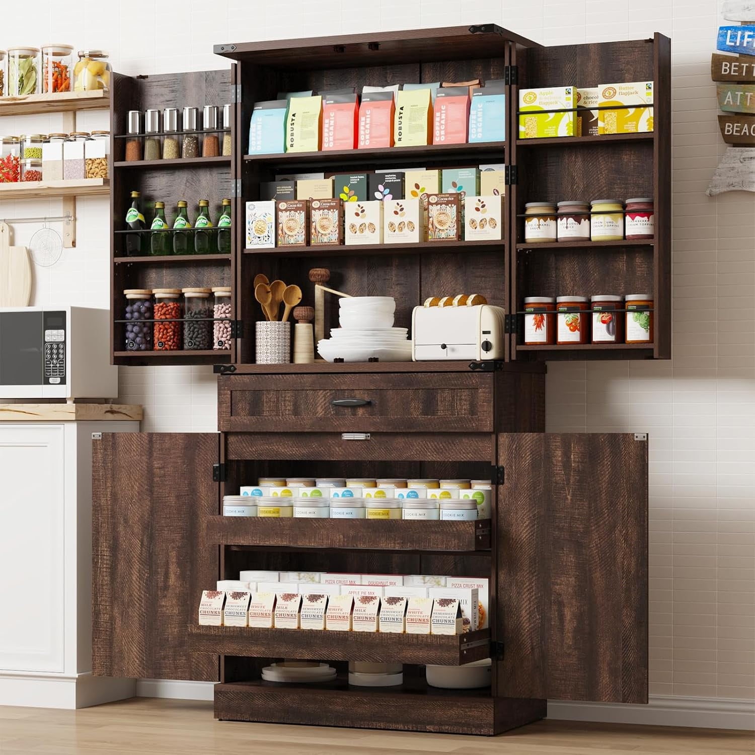 71" Tall Kitchen Pantry Cabinet with 3 Drawers,Farmhouse Storage ...
