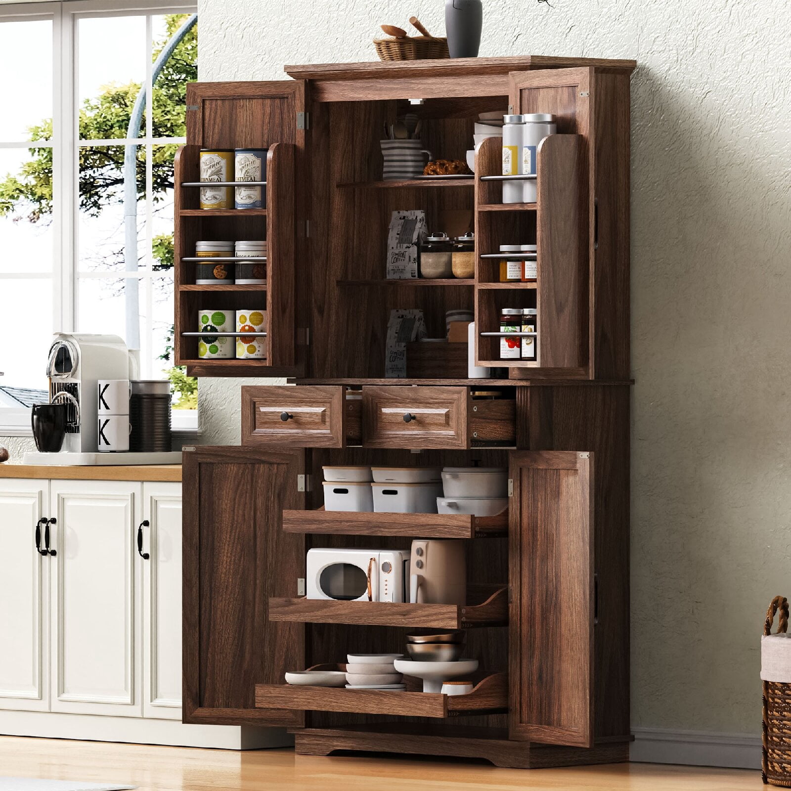 71" Tall Kitchen Pantry Cabinet with 3 Pull Out Cabinet Organizers ...