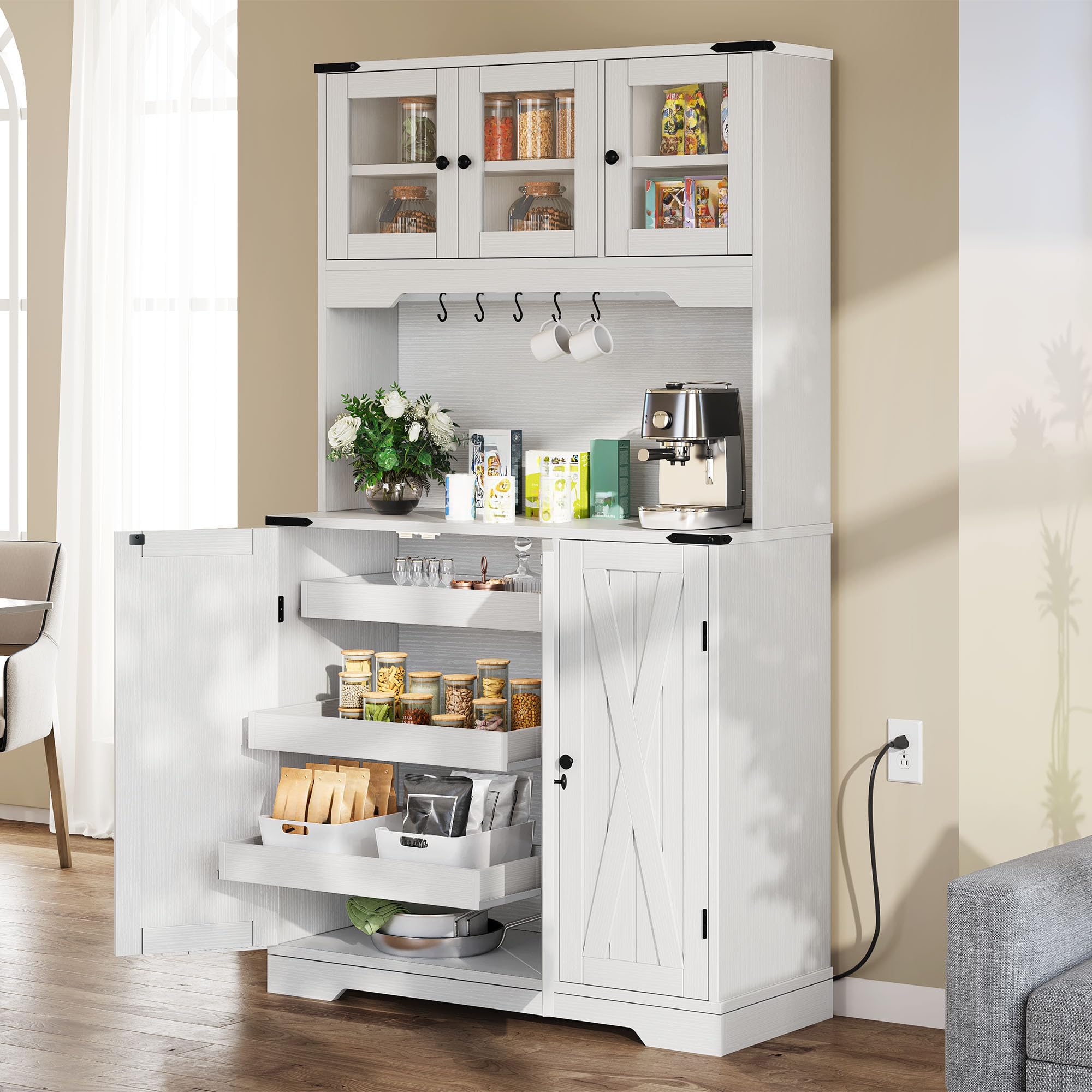 71" Tall Kitchen Pantry Cabinet with Charging Station, Kitchen Hutch ...