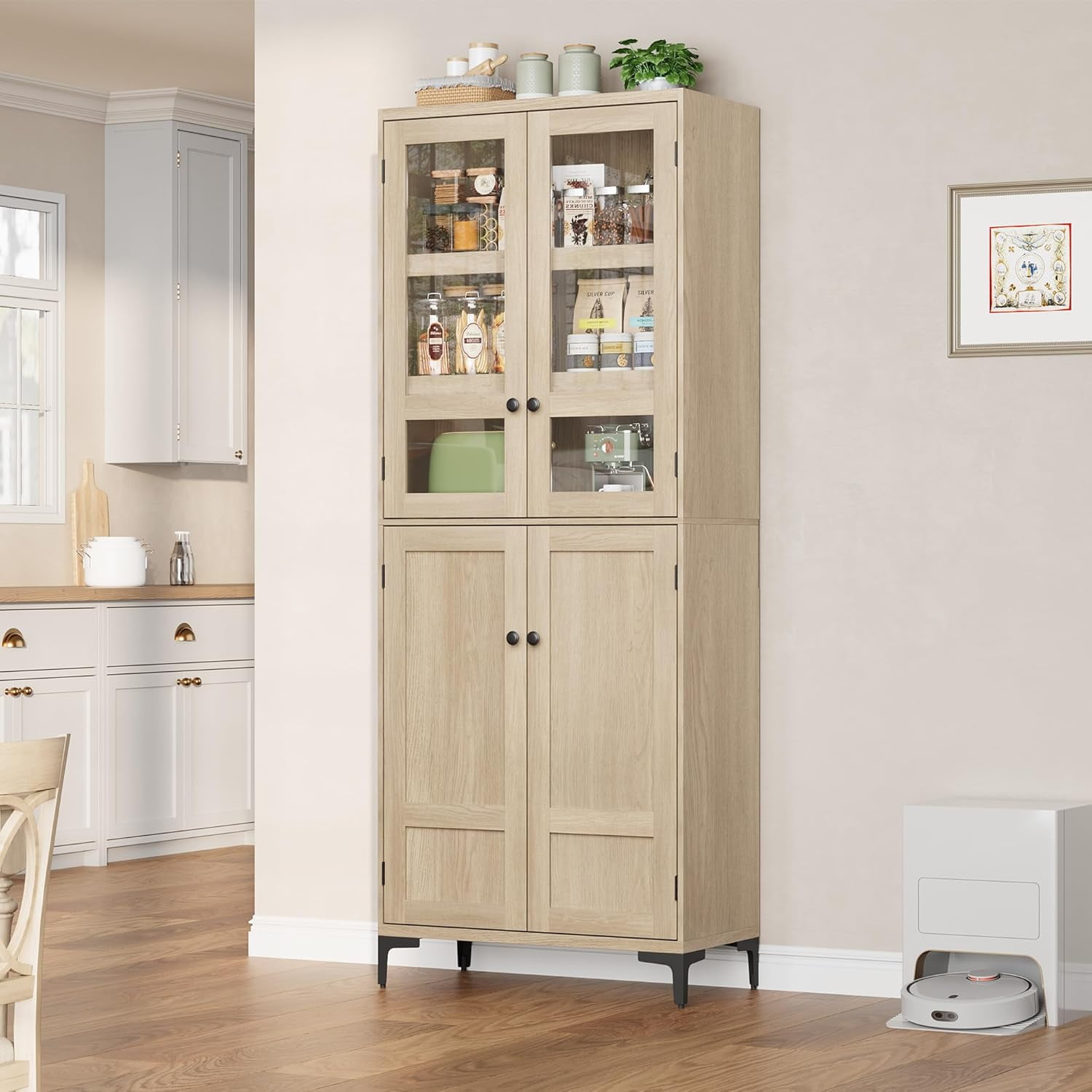 71" Tall Kitchen Pantry Cabinet with Glass Doors, Freestanding Food ...