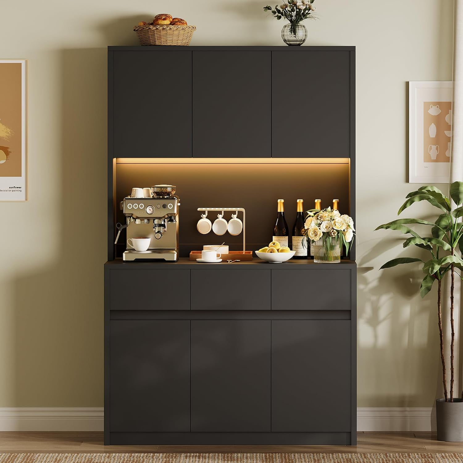 71" Tall Kitchen Pantry Cabinet, Kitchen Hutch Storage Cabinet with Led ...