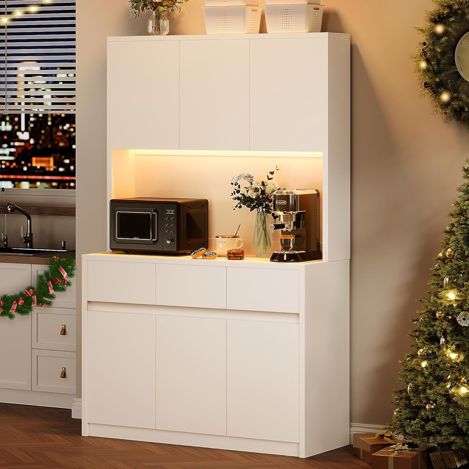 71" Tall Kitchen Pantry Cabinet, Kitchen Hutch Storage Cabinet with Led ...