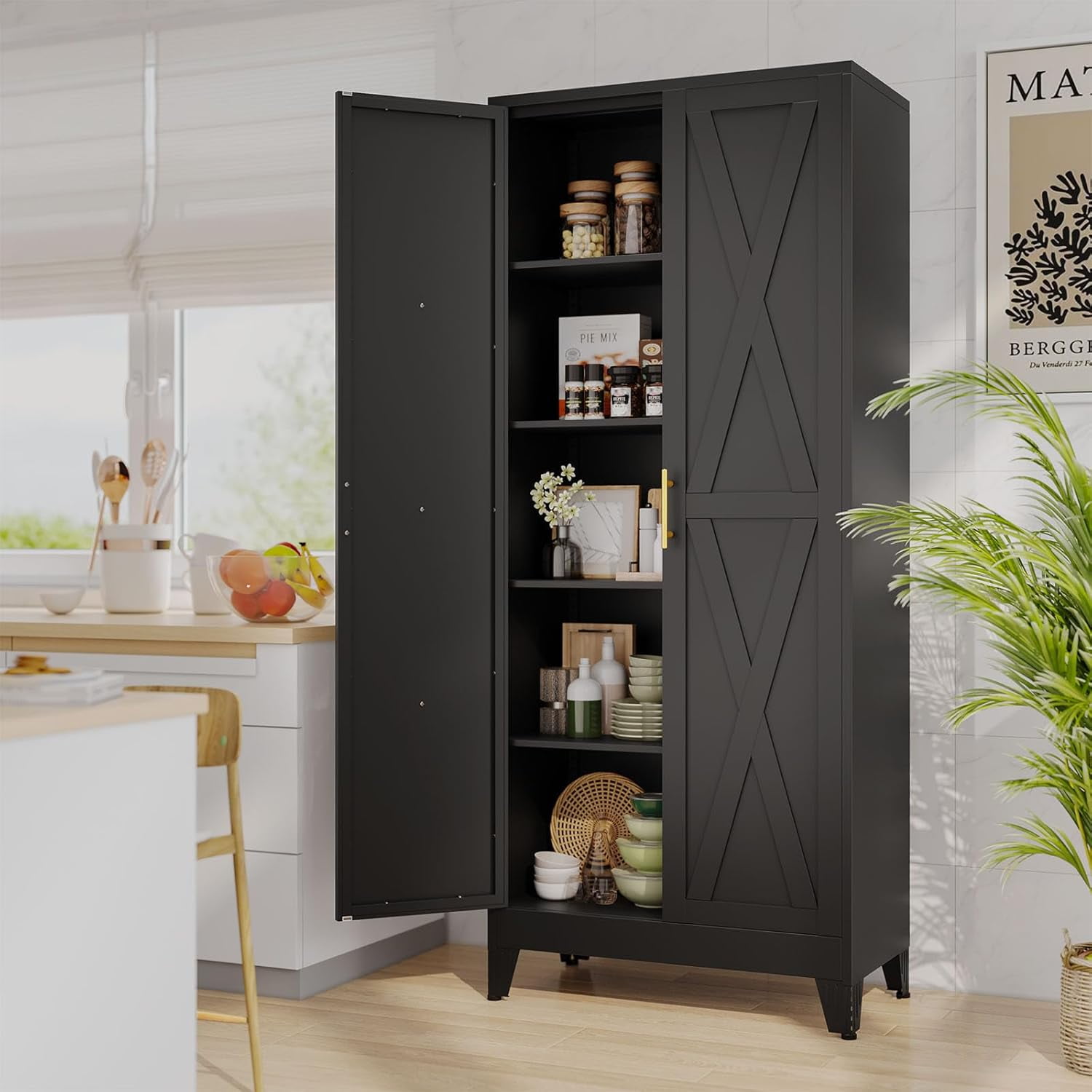 71" Tall Kitchen Pantry Cabinet, Metal Storage Cabinet with 2 Doors and ...