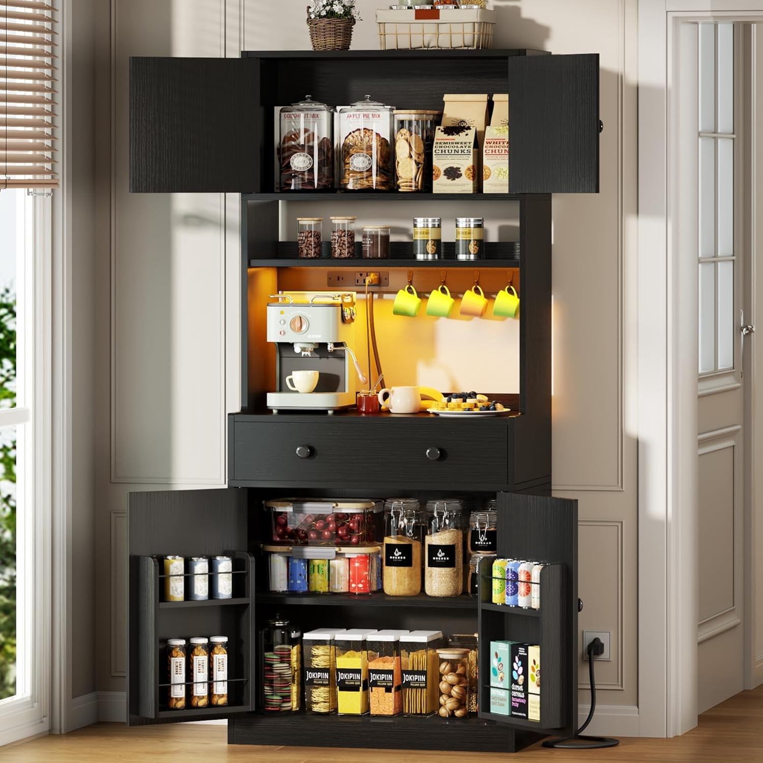 71" Tall Kitchen Pantry Storage Cabinet with Power Outlet & LED Light ...