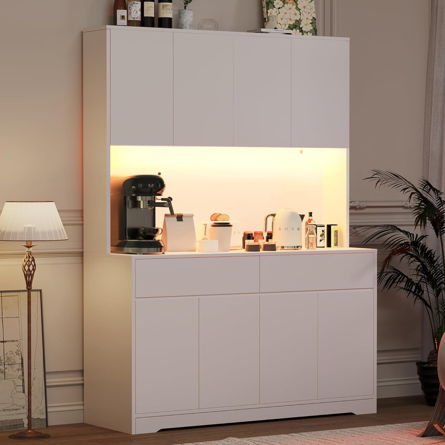 71" Tall Kitchen Pantry Storage Cabinet w/Power Outlet and Led Light ...
