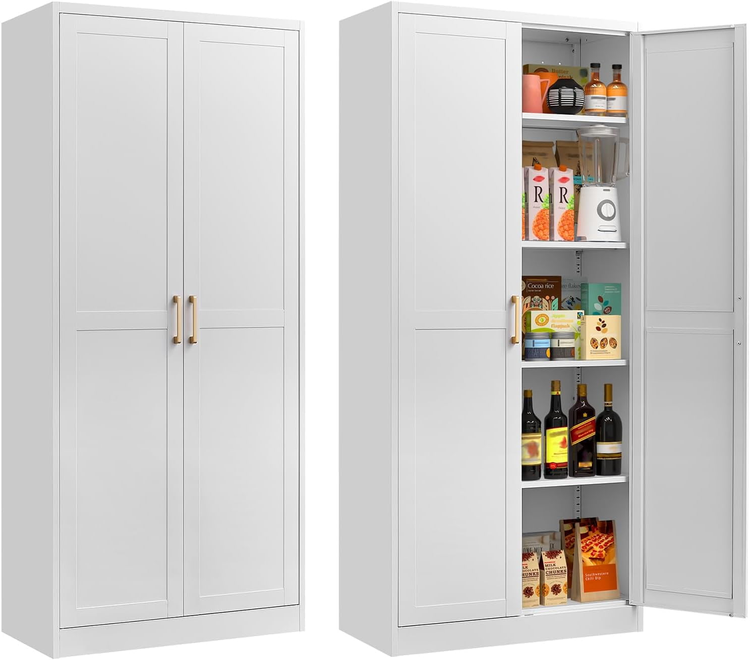 71" Tall Kitchen Storage Cabinet with Gold Handles, Metal Cabinets with ...