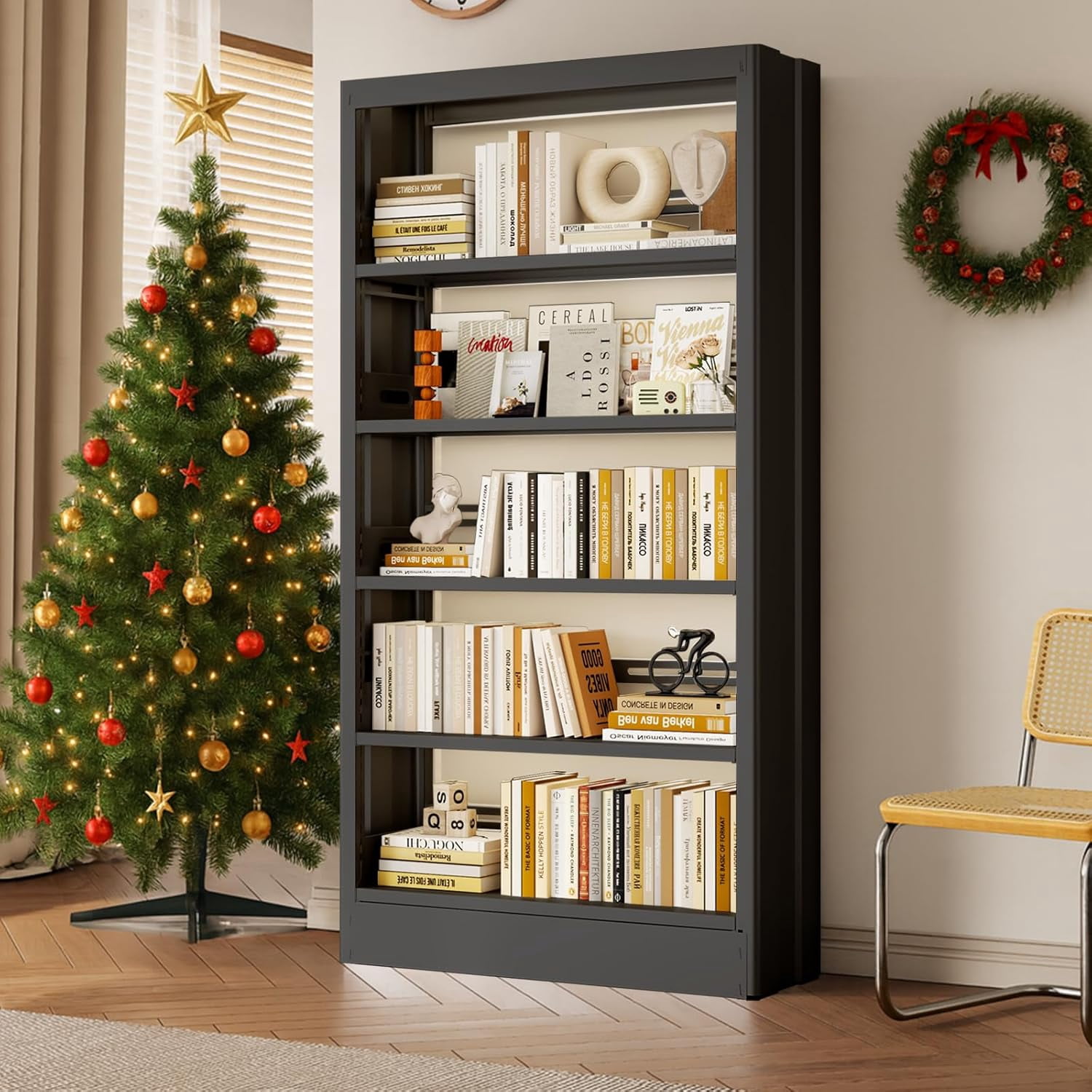 71 Tall Metal Bookshelf, Black Bookcase Industrial, 5-Tier Bookshelf ...