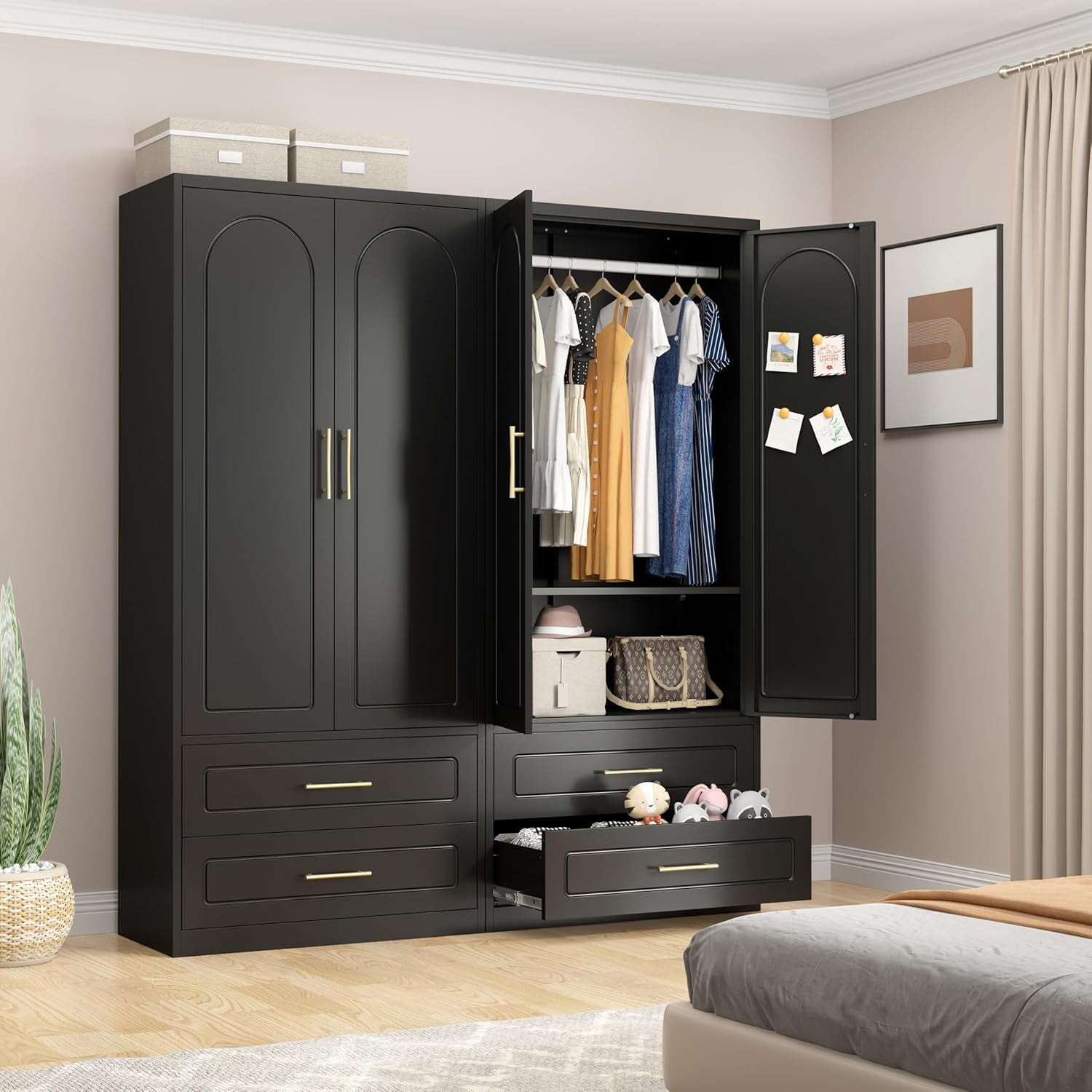 71" Tall Metal Clothes Storage Cabinet, Wardrobe with Drawer and ...
