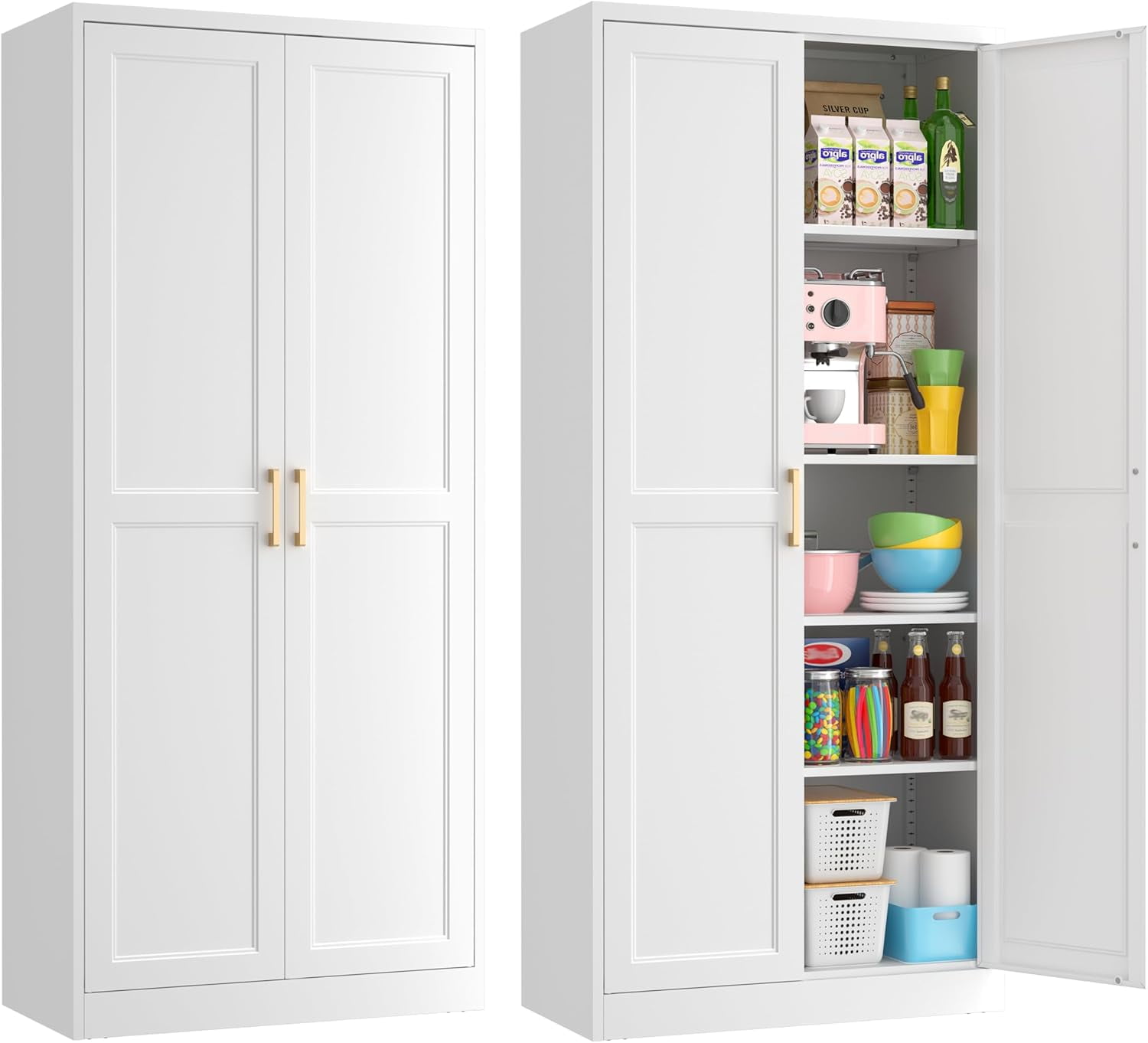 71" Tall Metal Pantry Cabinet, White Kitchen Pantry Storage Cabinet ...
