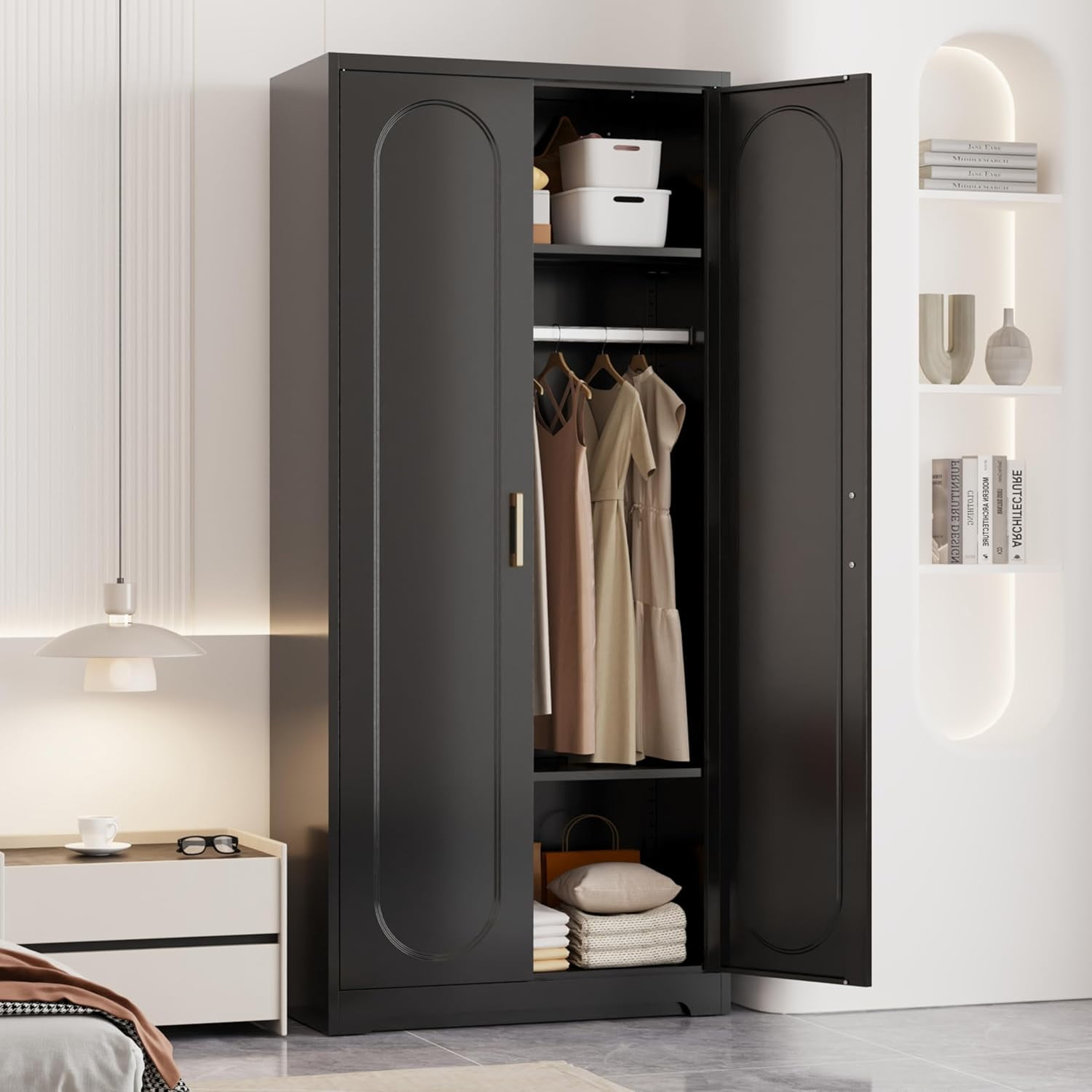 71" Tall Metal Storage Cabinet, Armoire Wardrobe Closet with Hanging ...