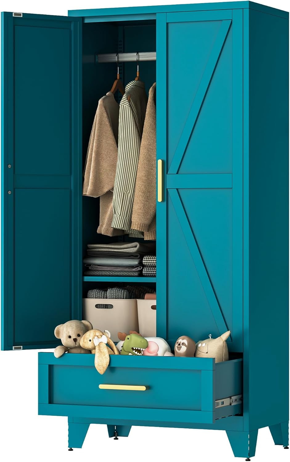 71" Tall Metal Wardrobe Cabinet with Drawer and Hanging Rod, 2 Doors ...