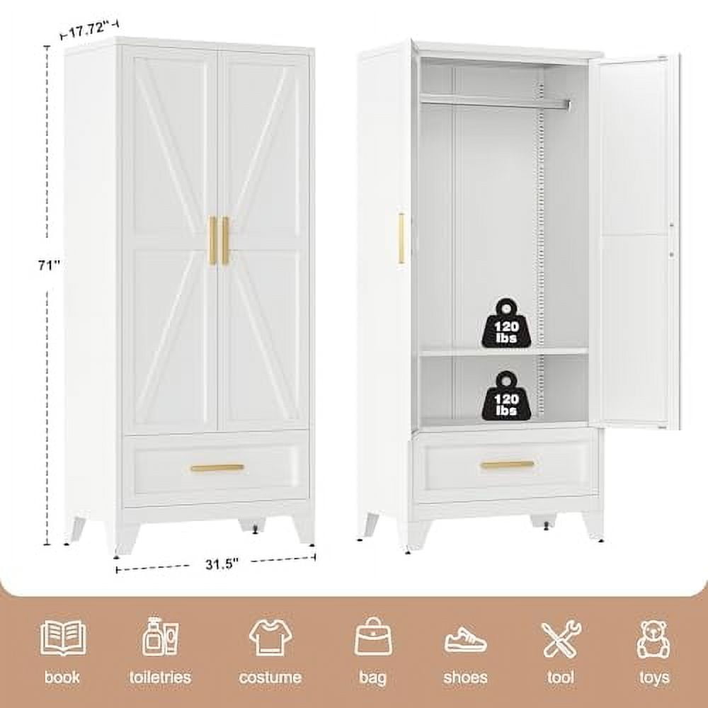 71" Tall Metal Wardrobe Cabinet with Drawer and Hanging Rod, 2 Doors ...