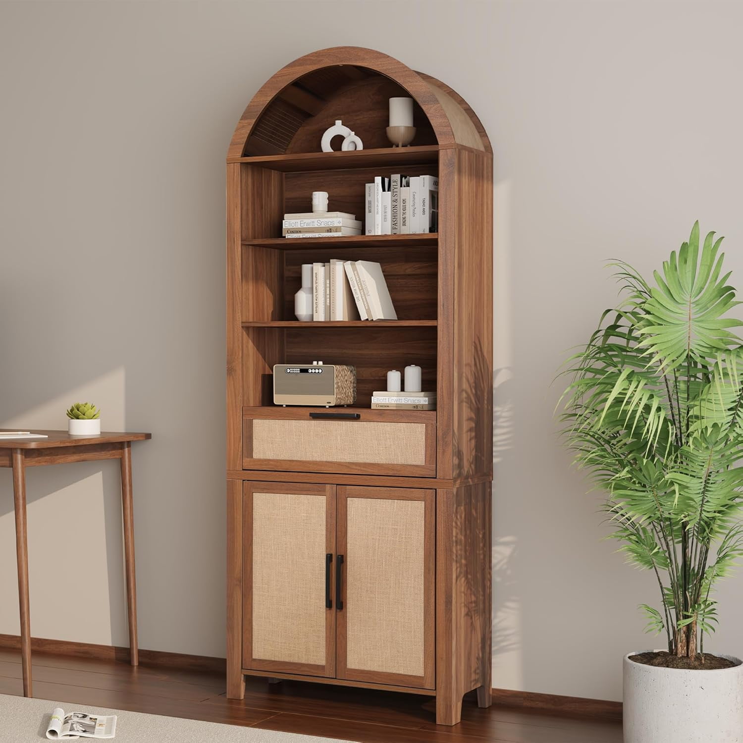 71" Tall Narrow Arched Bookshelf, Mid Century Modern 5-Tier Arched ...