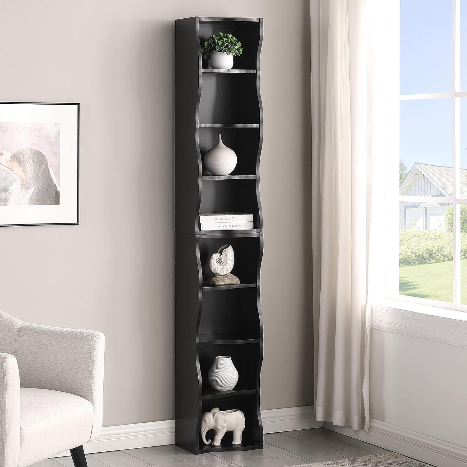 71'' Tall Narrow Bookshelf, 8-Tier Media Tower Rack Set of 2, CD DVD ...