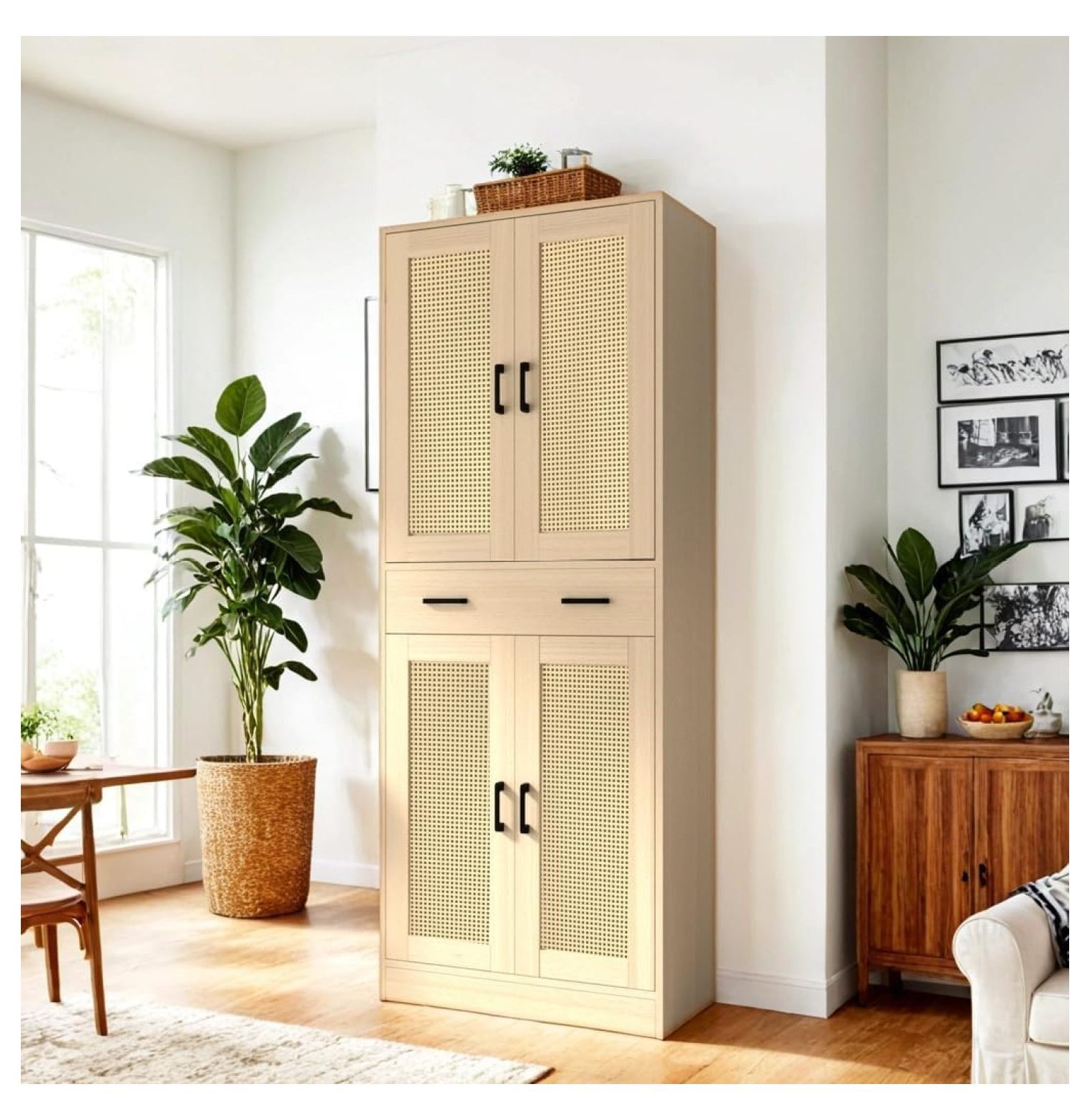 71" Tall Oak & Rattan Pantry Cabinet - Boho Chic Kitchen Storage with ...
