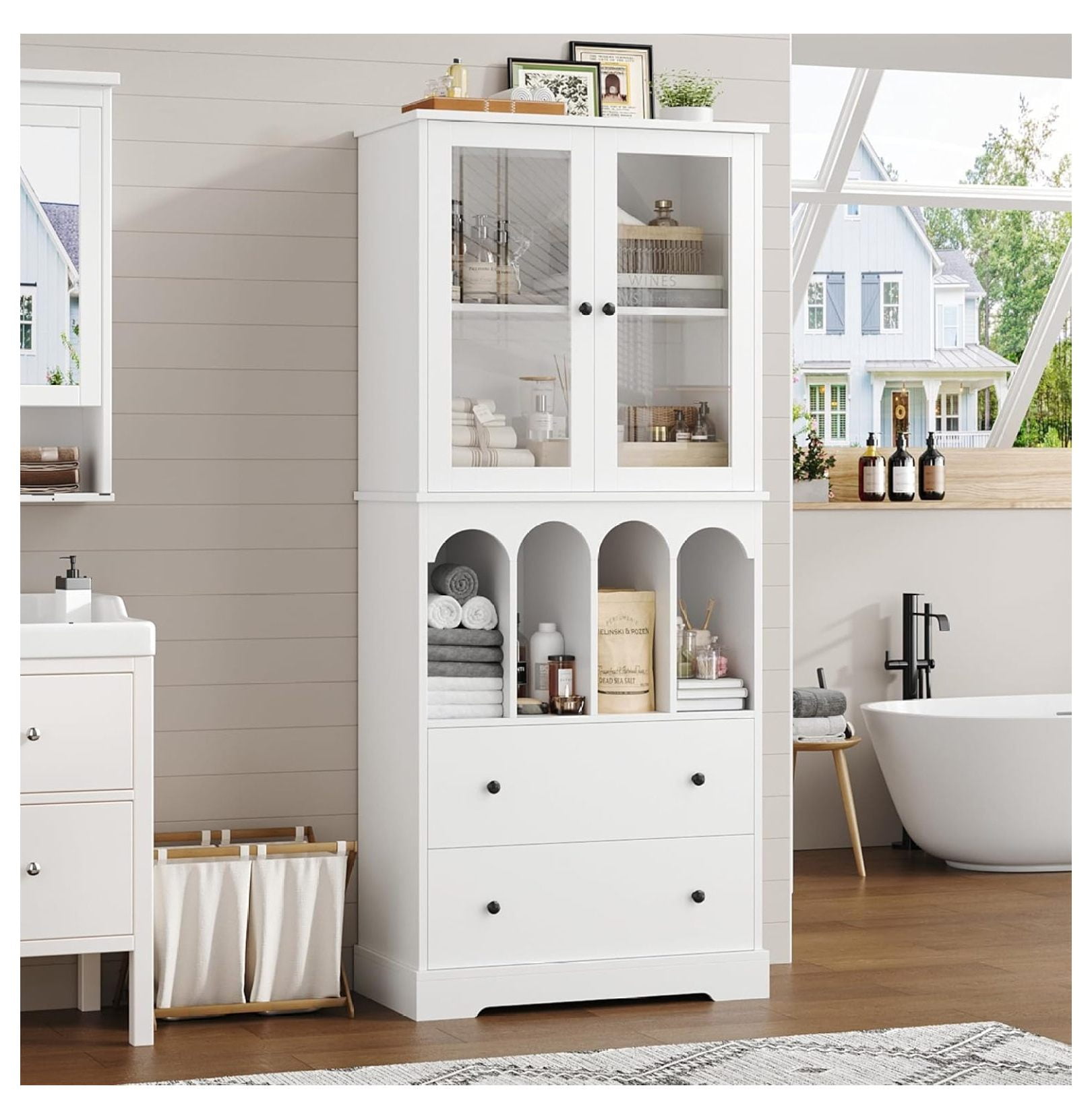 71'' Tall Storage Cabinet with 4 Arched Compartments, Modern Bookcase ...