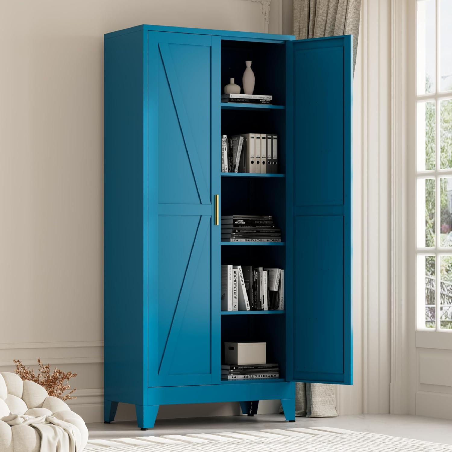 71" Tall Storage Cabinets, Farmhouse Metal Cabinet Bookshelf with 2 ...