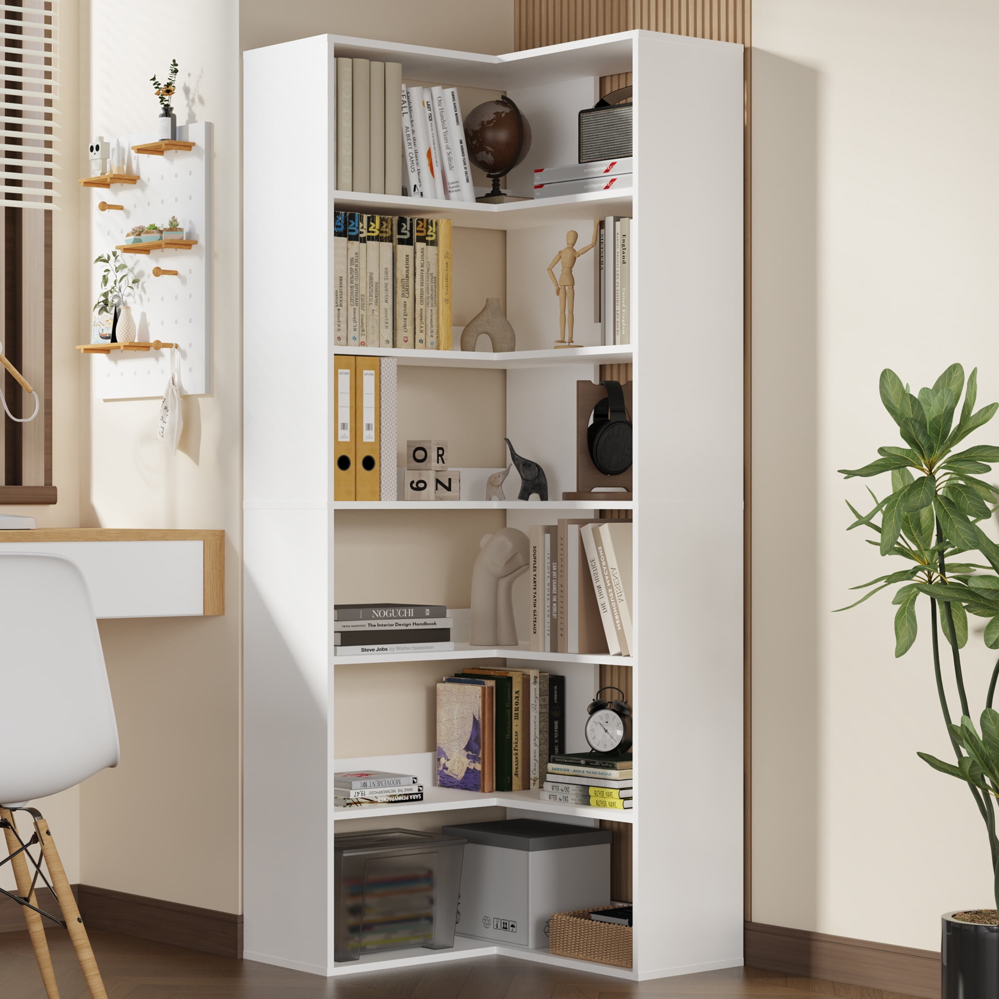 71" Tall White Corner Bookshelf, 6 Tier L-Shape Corner Shelf Stand ...