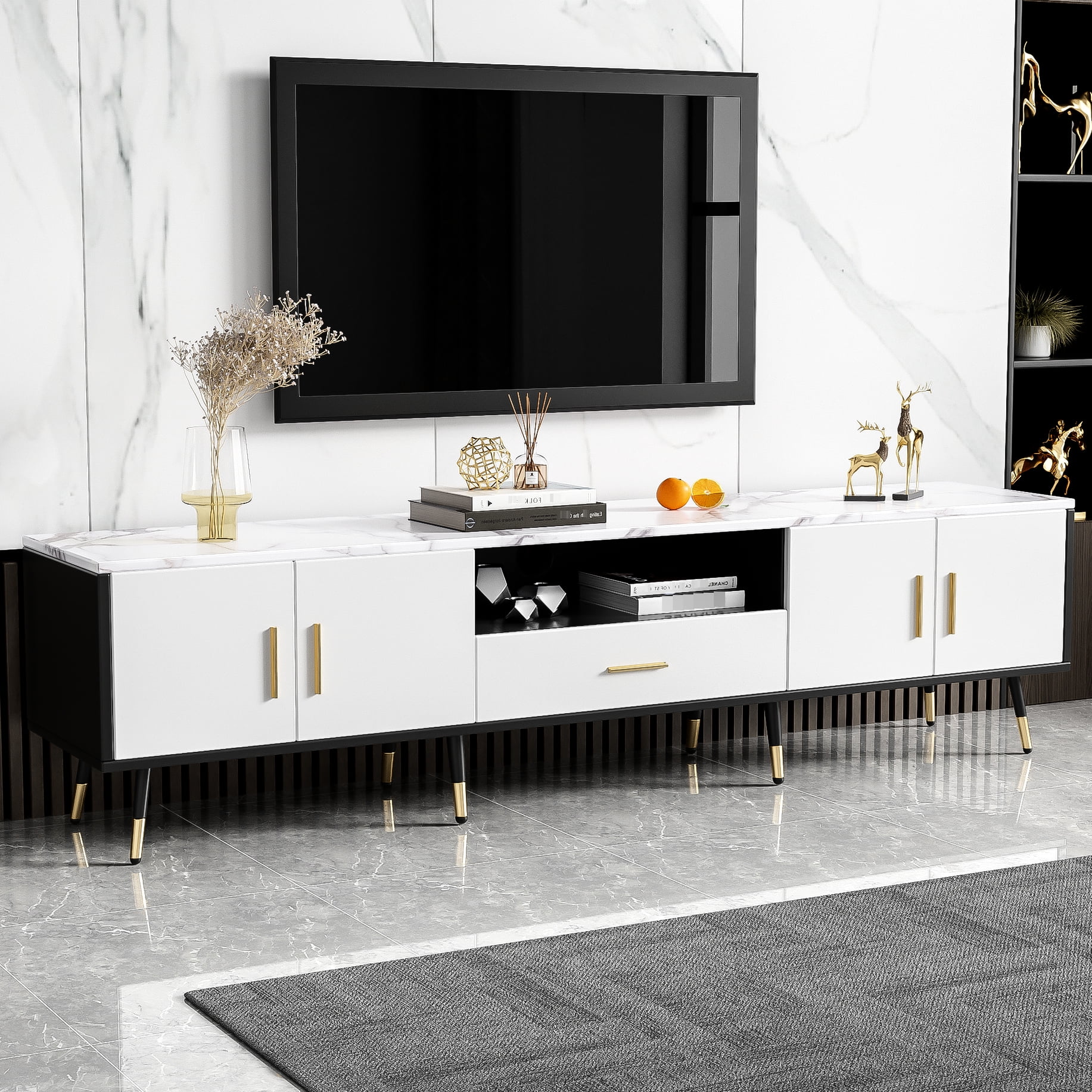 71'' Television Stand For 80'' Tvs, 2 Cabinets & Open Storage, Home ...