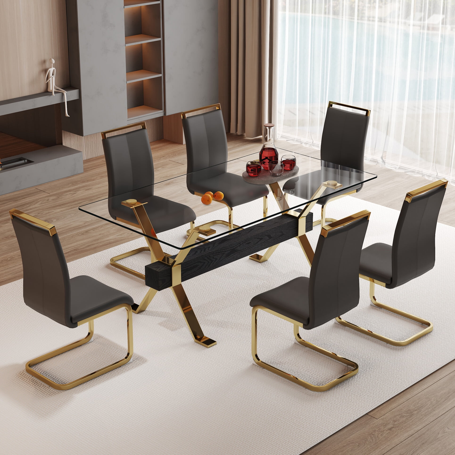 71" Tempered Glass Dining Table Set with 6 PU Leather Chairs, Gold ...