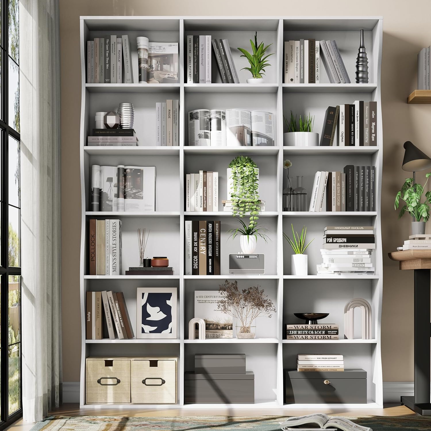 71" Triple Wide Bookshelf, 6 Tier Tall Bookcase with Storage, Large ...