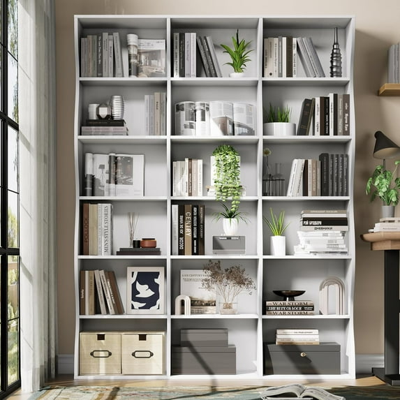 71" Triple Wide Bookshelf, 6 Tier Tall Bookcase with Storage, Large ...