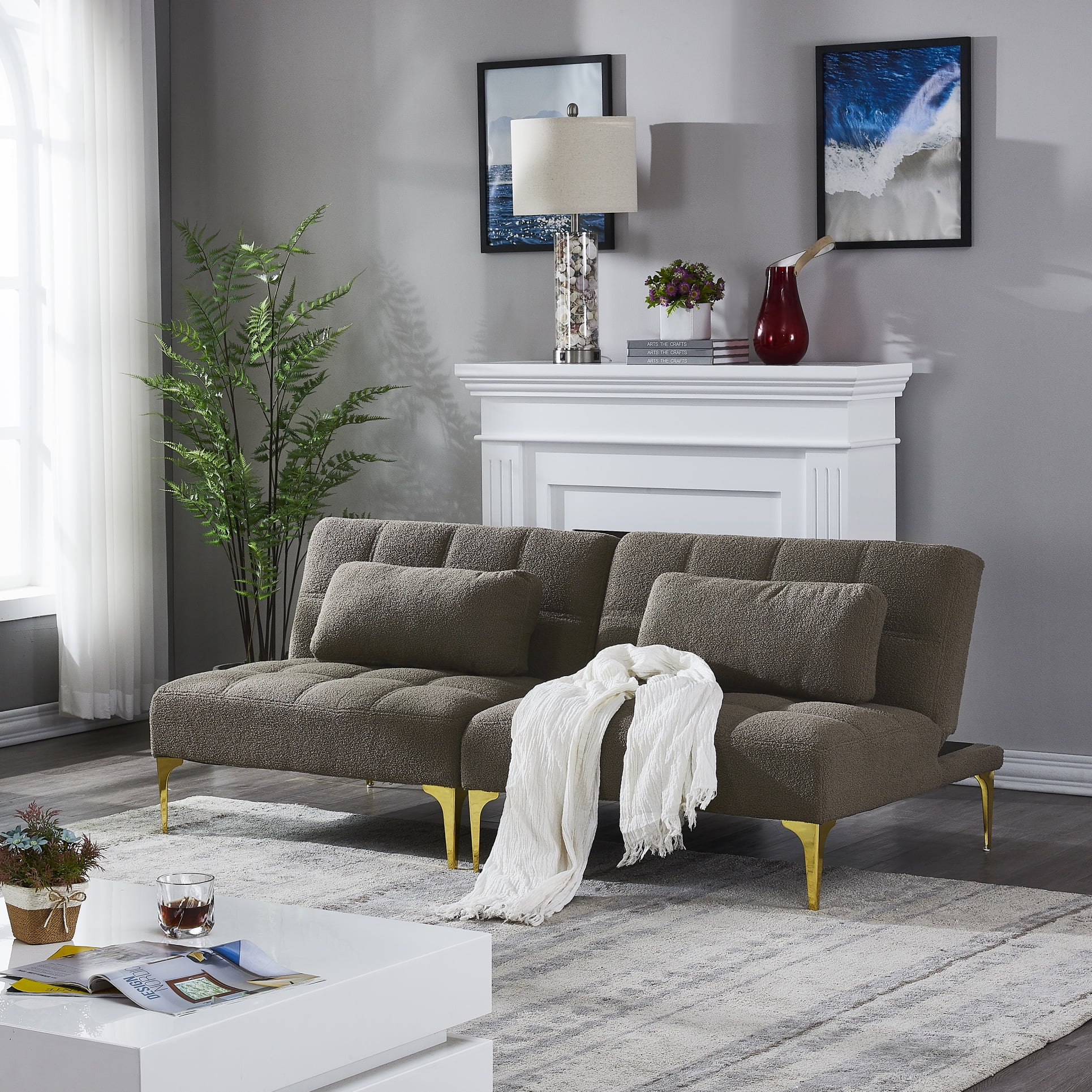 71"W Convertible Sofa Bed with Split Back, Teddy Futon Couch Bed, Can ...