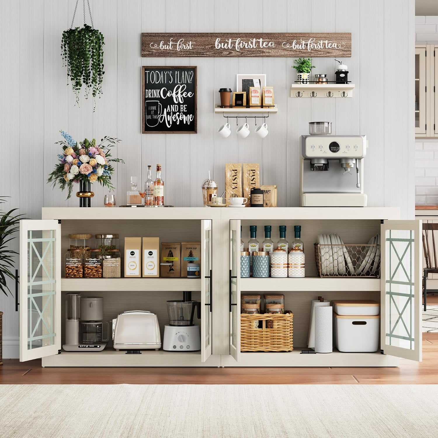 71" White Buffet Sideboard with Storage – Modern Coffee Bar Cabinet ...