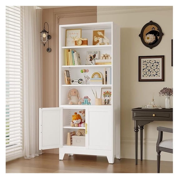 71" White Metal Bookshelf with Doors & Adjustable Shelves, Storage ...