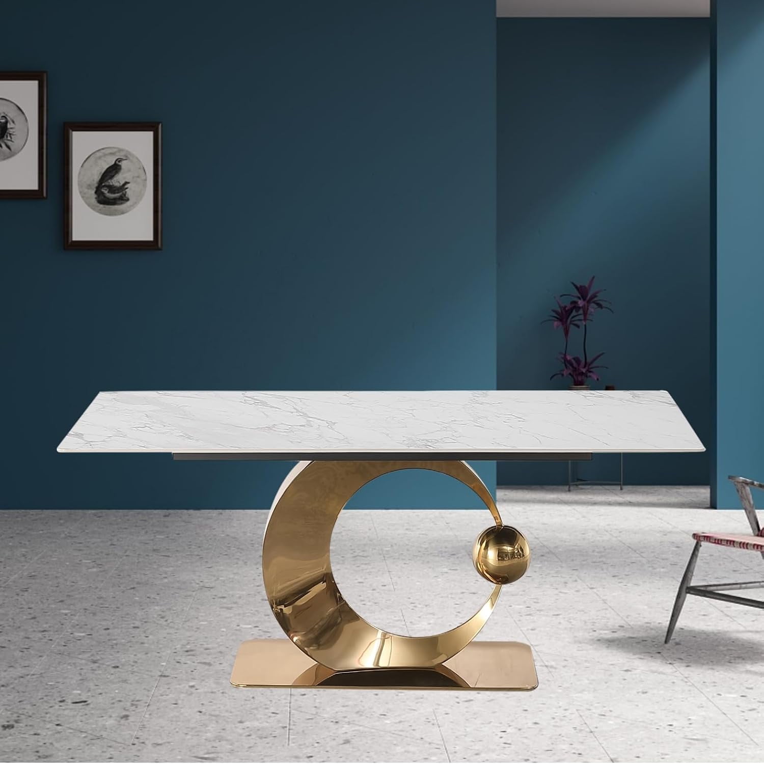 71" White Sintered Stone Dining Table w/ Striped Gold Base & Marble ...