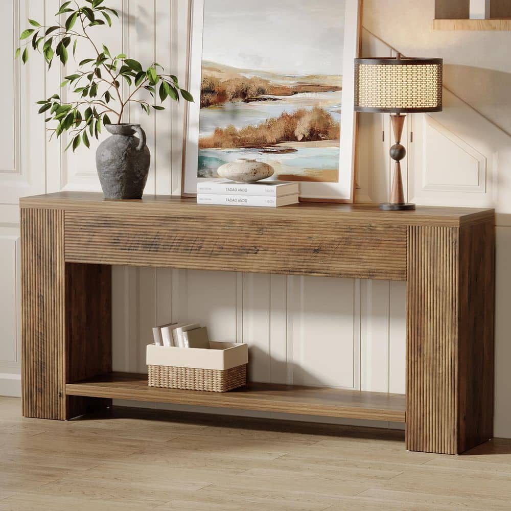 71 in. Brown Rectangle Wood Console Table, Narrow Long Sofa Table ...