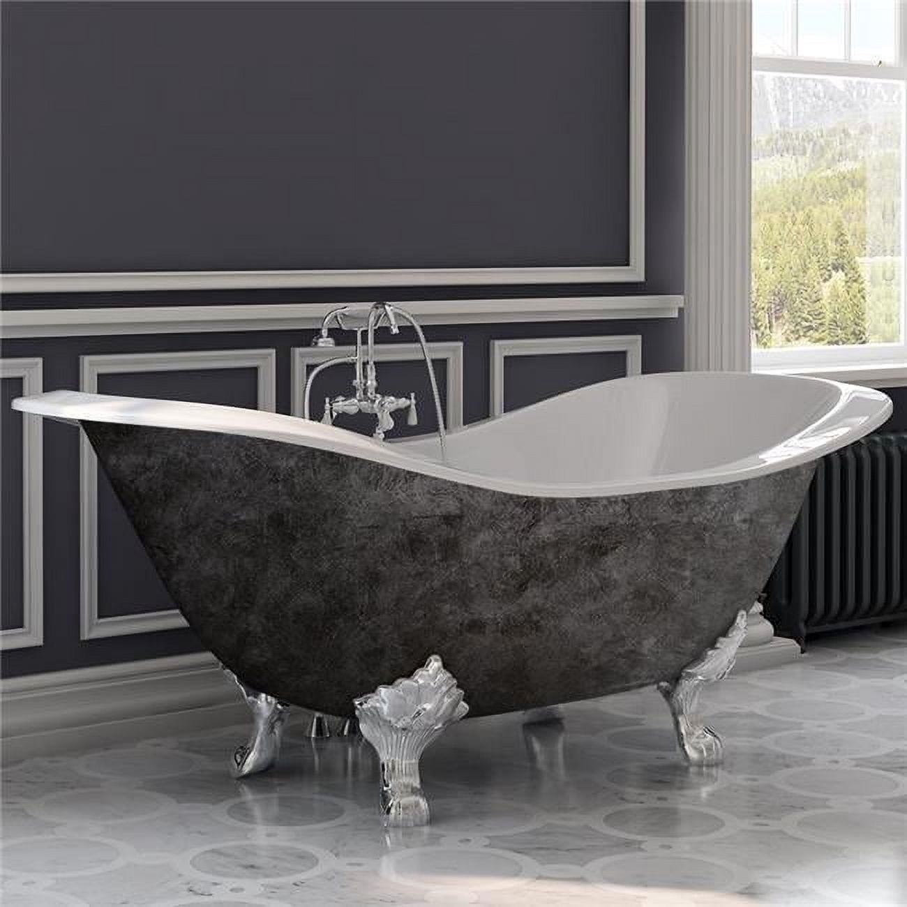 71 in. Scorched Platinum Cast Iron Double Slipper Tub, Polished Chrome ...