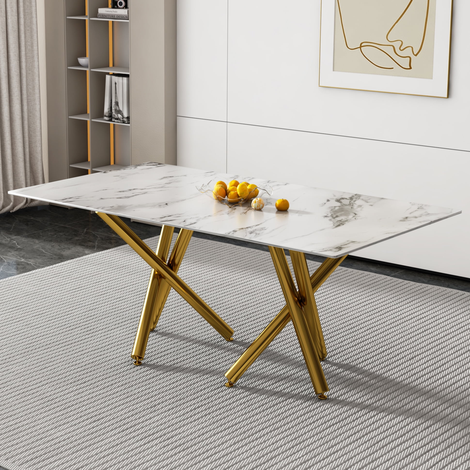 71 inch Glass Dining Table with Fibertempering Glass Imitation Marble ...