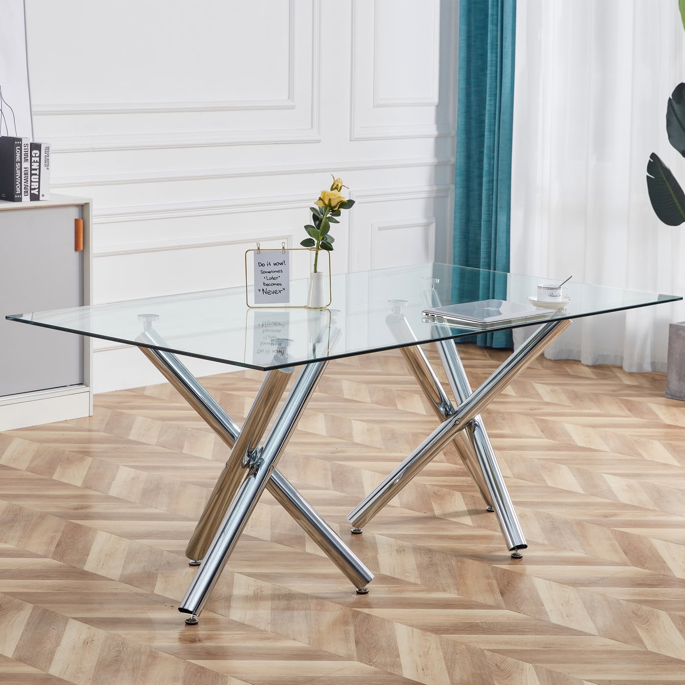 71 inch Glass Dining Table with Tempered Rectangular Glass Top, Modern Minimalist Glass ...